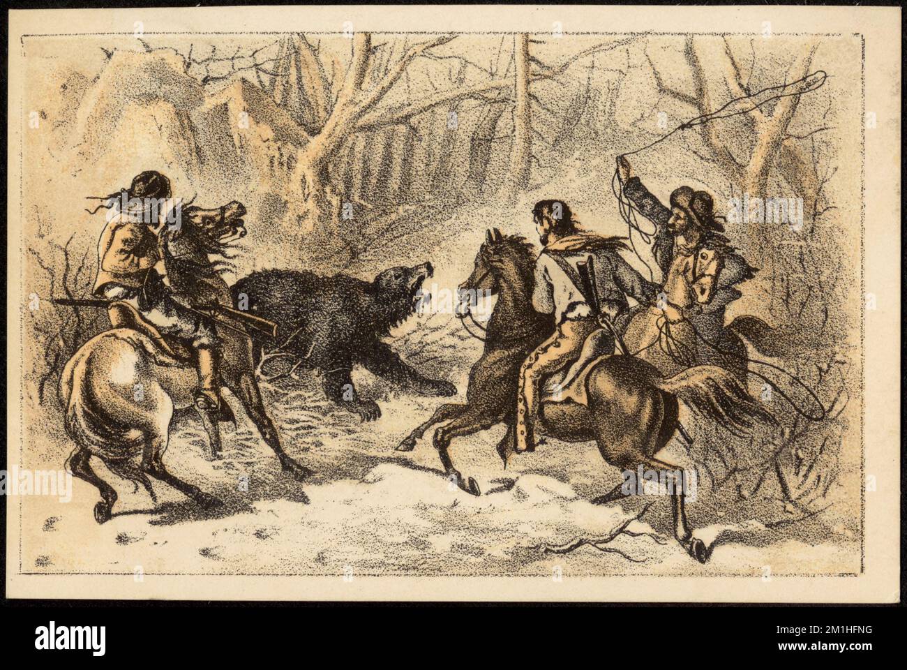 Three men on horses hunting a bear, one with a noose. , Men, Horses ...