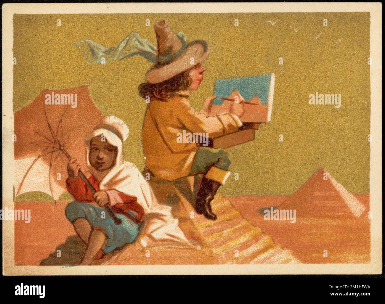 Two men, one in a hat painting a pyramid, one wearing a burnoose ...