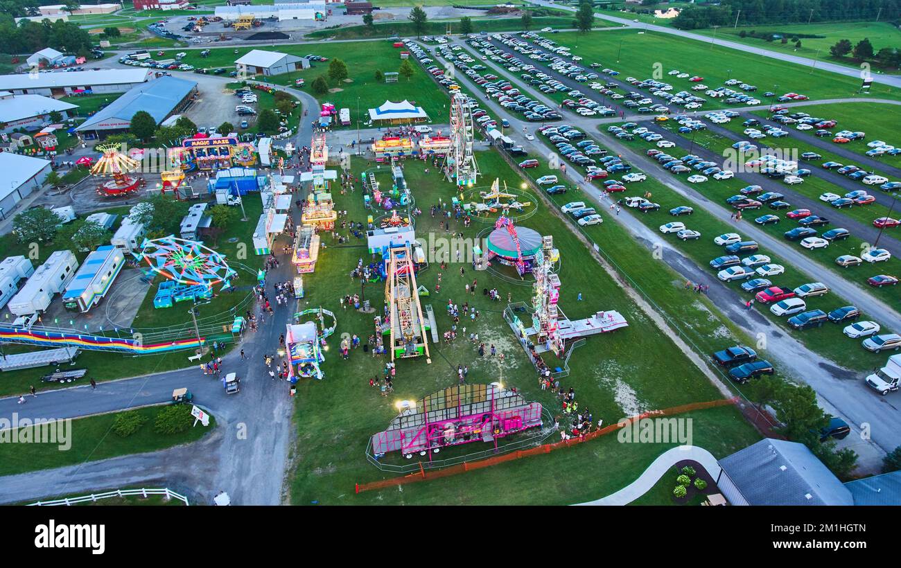 Allen County Fair carnival aerial during dusk with rides Stock Photo ...
