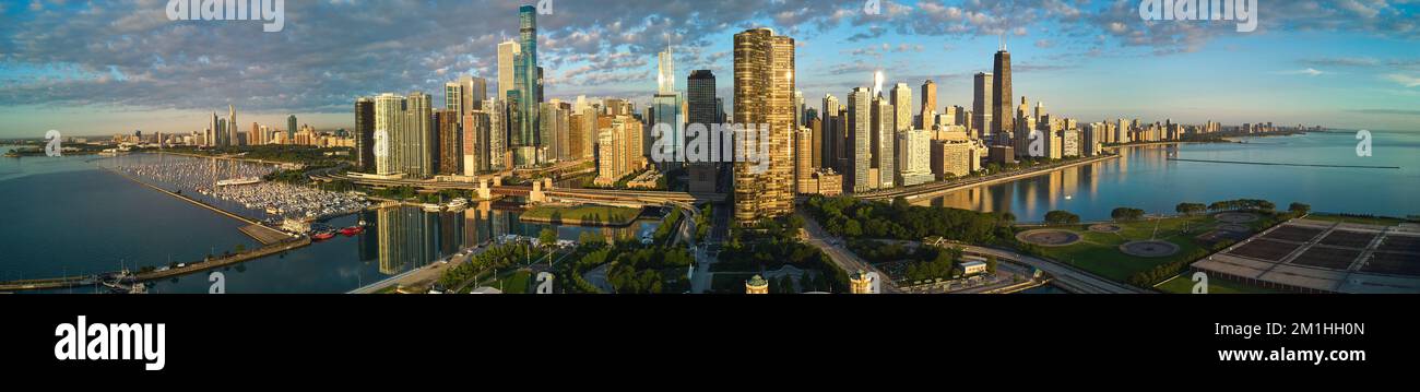 Wide panorama of Chicago city skyline from aerial view at Navy Pier ...