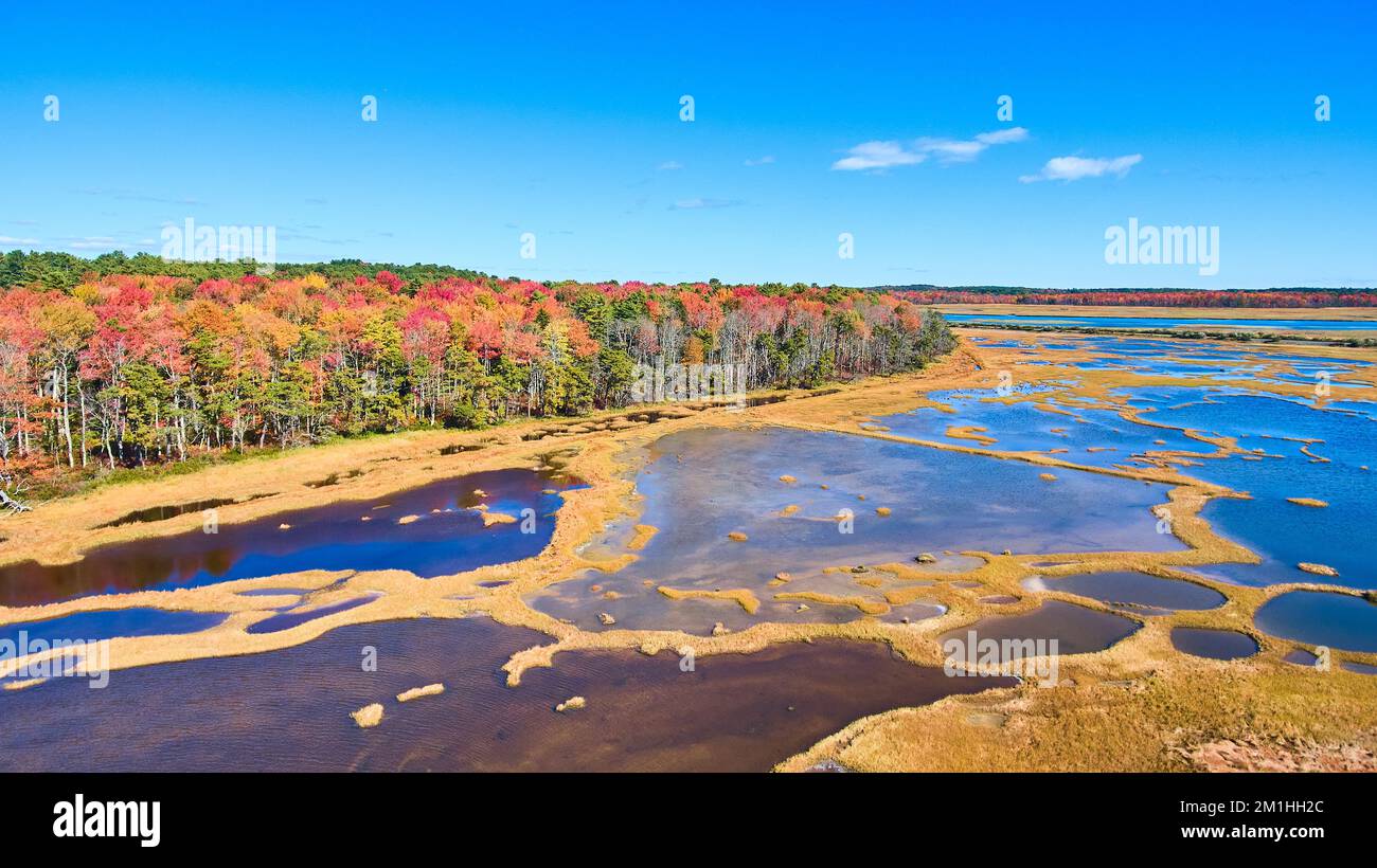 Aerial over Maine marshes with patches of shallow water and fall ...