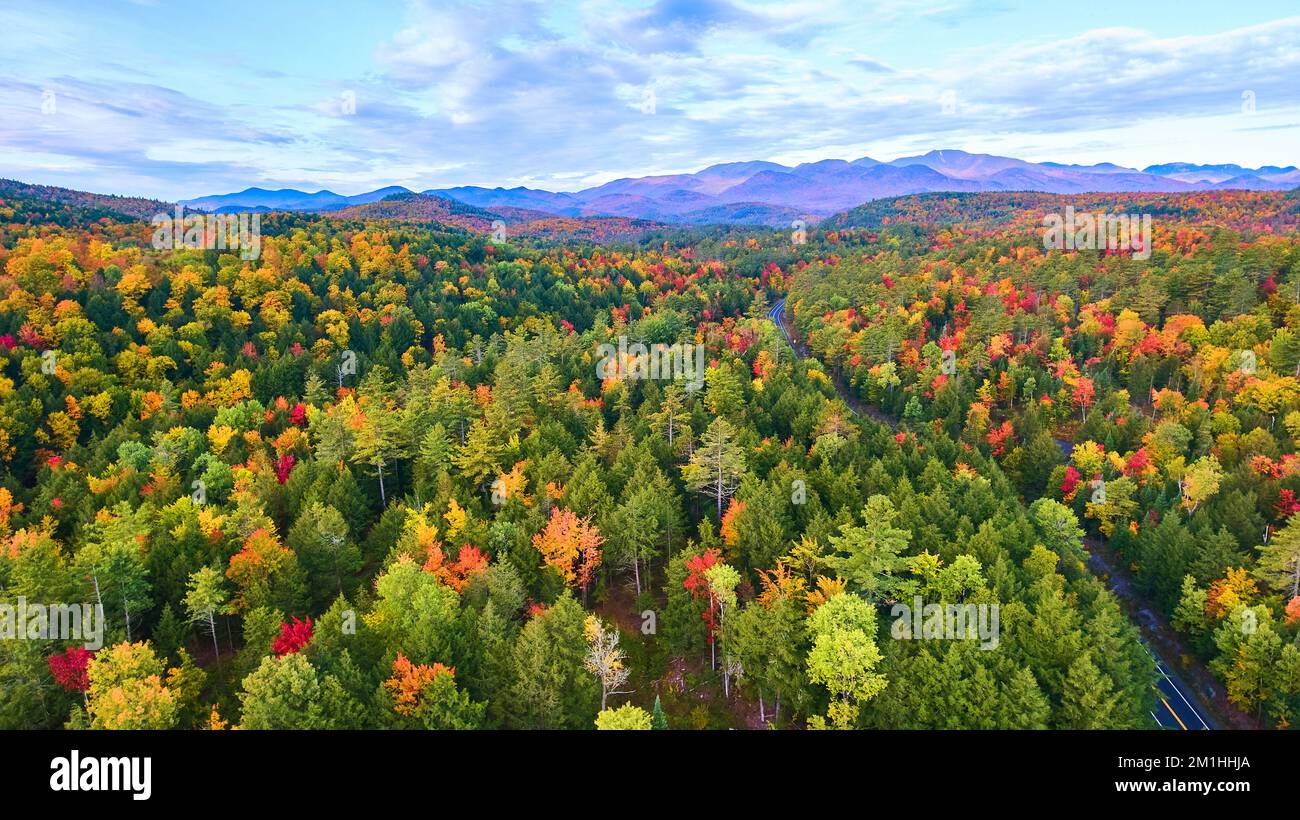 Aerial over hills and mountains of peak fall forests with road winding ...