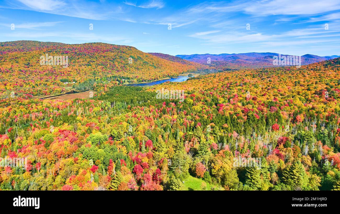 New York landscape aerial of colorful fall forests and mountains with ...