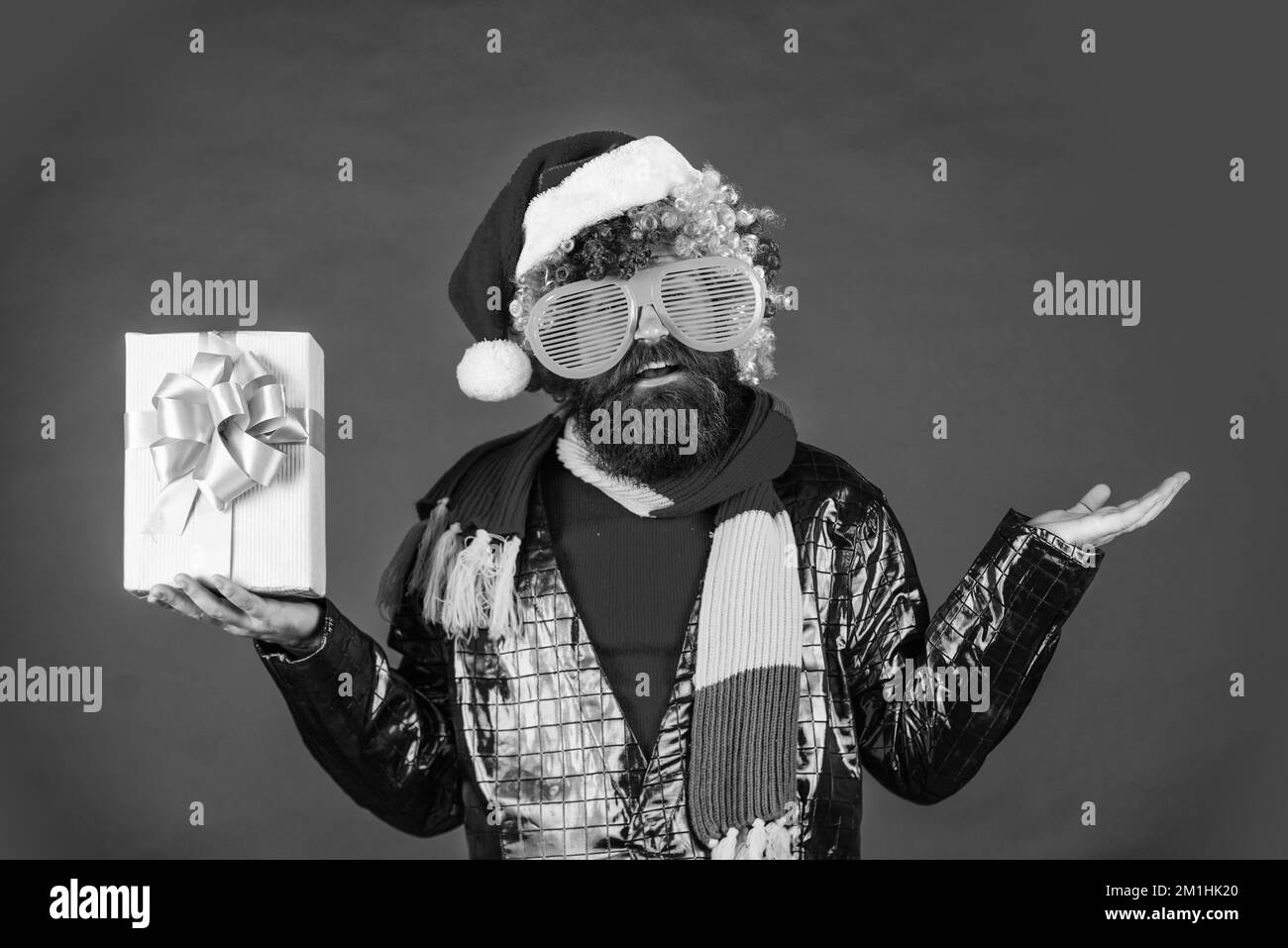 Promoting product. Cool Specials. Bearded man celebrate christmas ...