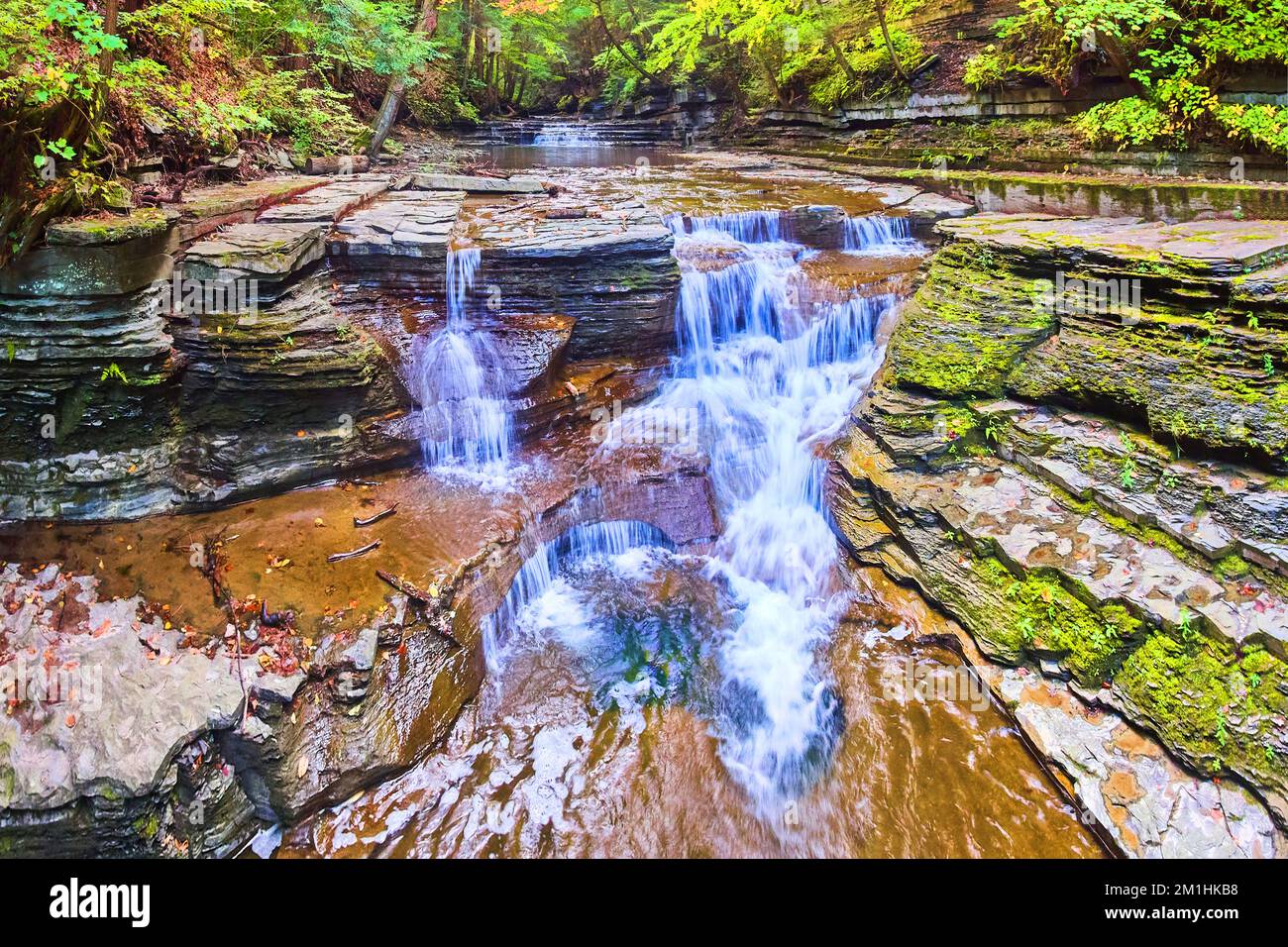 Layered rocks and waterfalls pouring through river in lush forest Stock ...