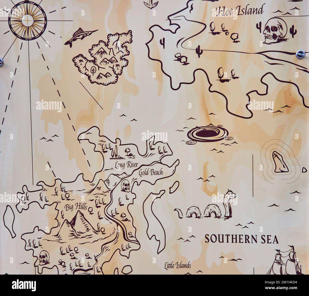 Old retro map drawn on wood of southern sea and mythical creatures ...