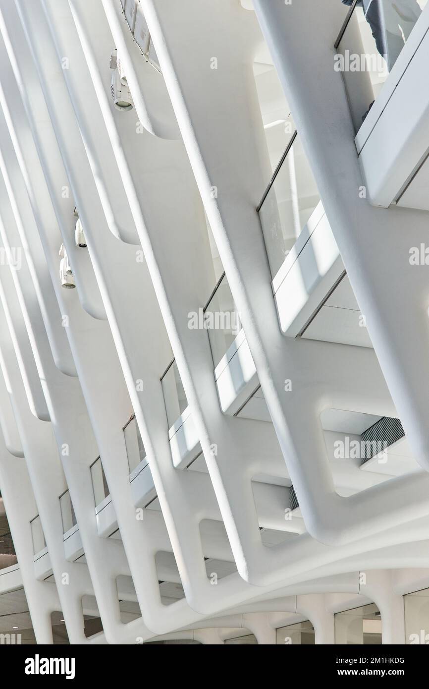 Side vertical abstract view of white rib and hook architecture inside ...