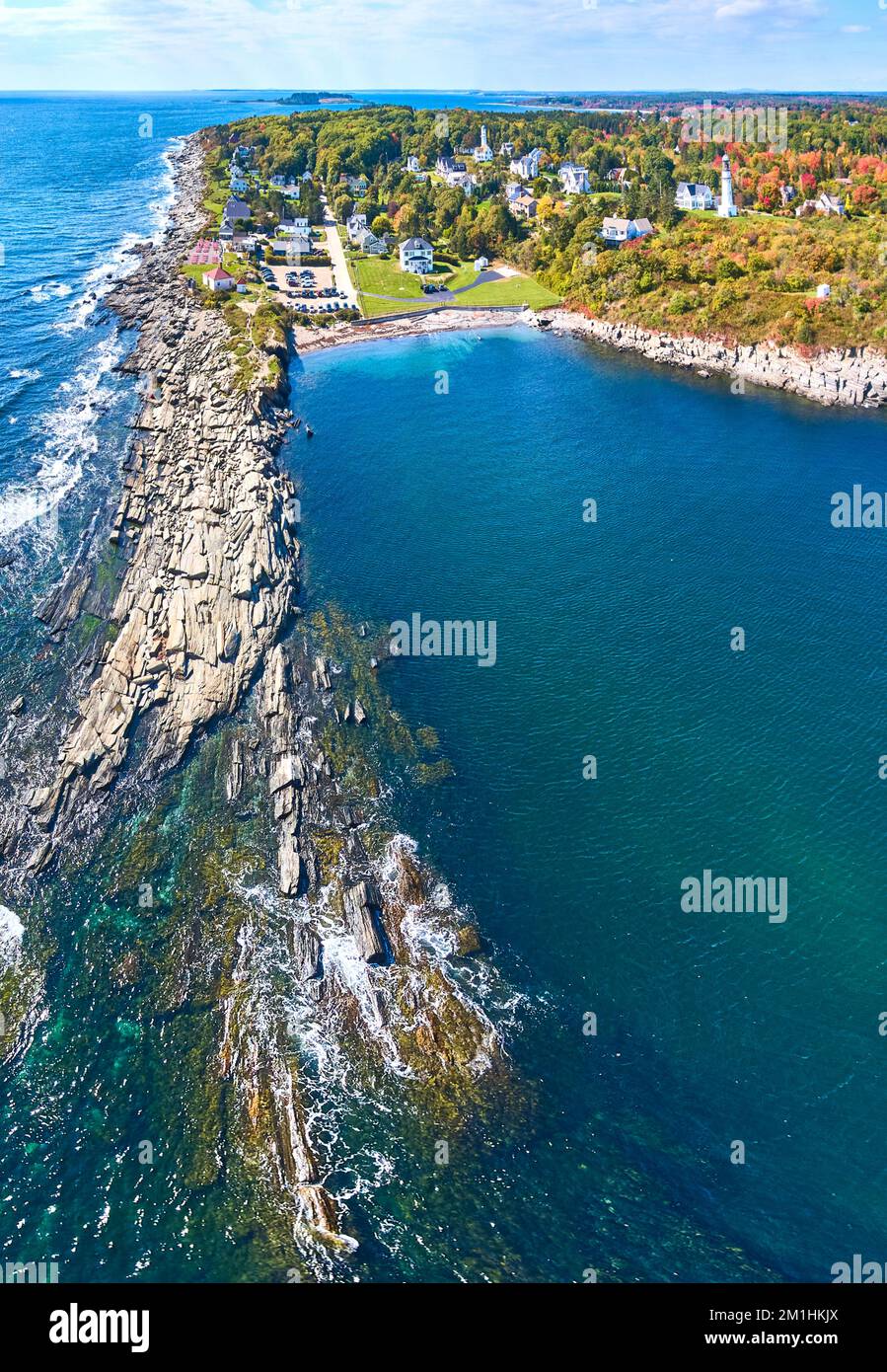 Aerial panorama of endless rocky coasts in Maine with houses ...