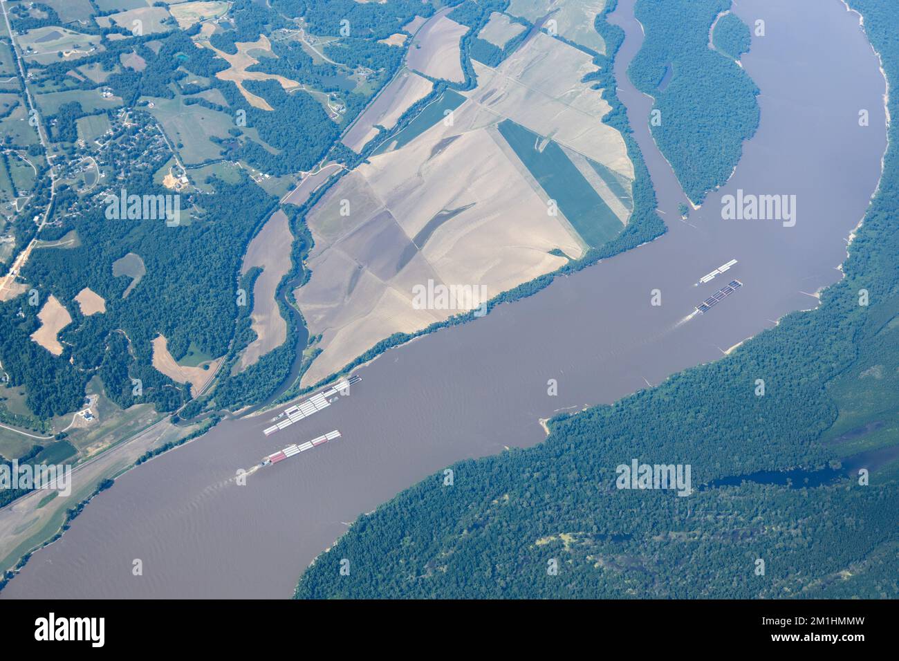 Aerial view of barges on Mississippi River near Cape Girardeau ...