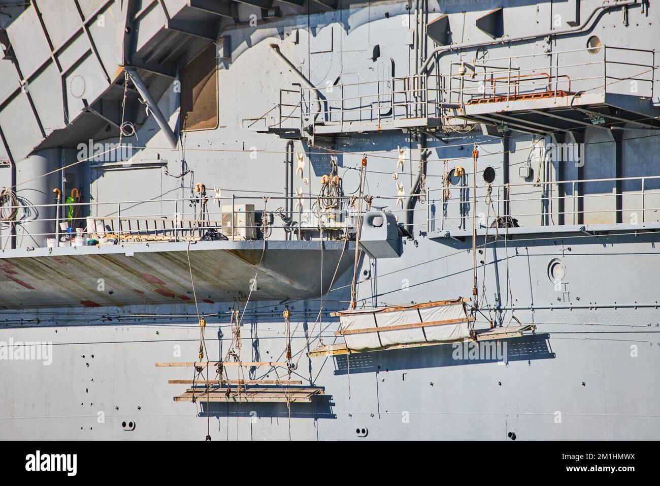 Side detail of platforms on aircraft carrier American military ship for ...