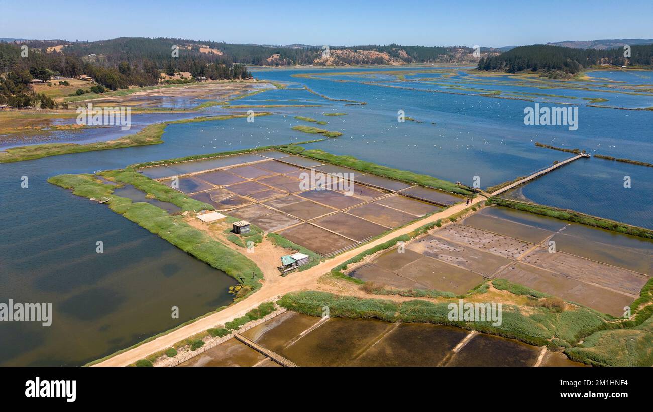 Aerial shot of Salinas de Cáhuil and Laguna Cáhuil (Pichilemu) - Chile ...