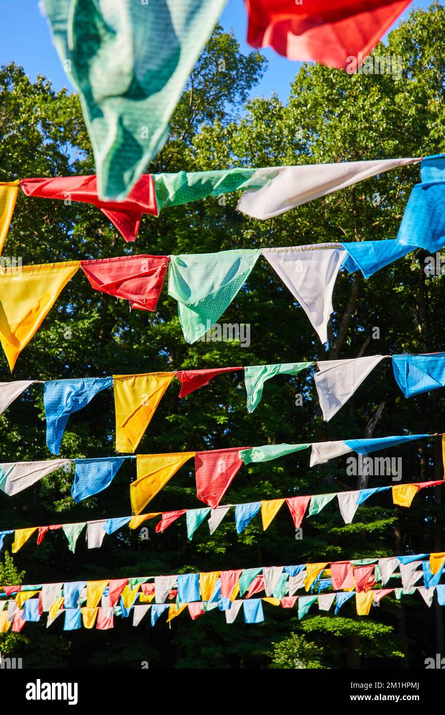 Tibetan Mongolian Buddhist rows and rows of colorful prayer flags Stock ...