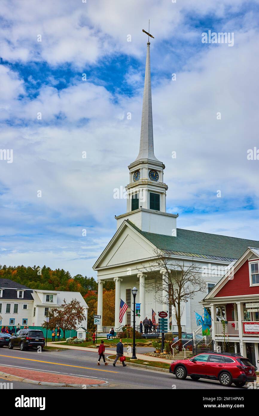 Vermont iconic white steeple Christian church in small town Stock Photo ...
