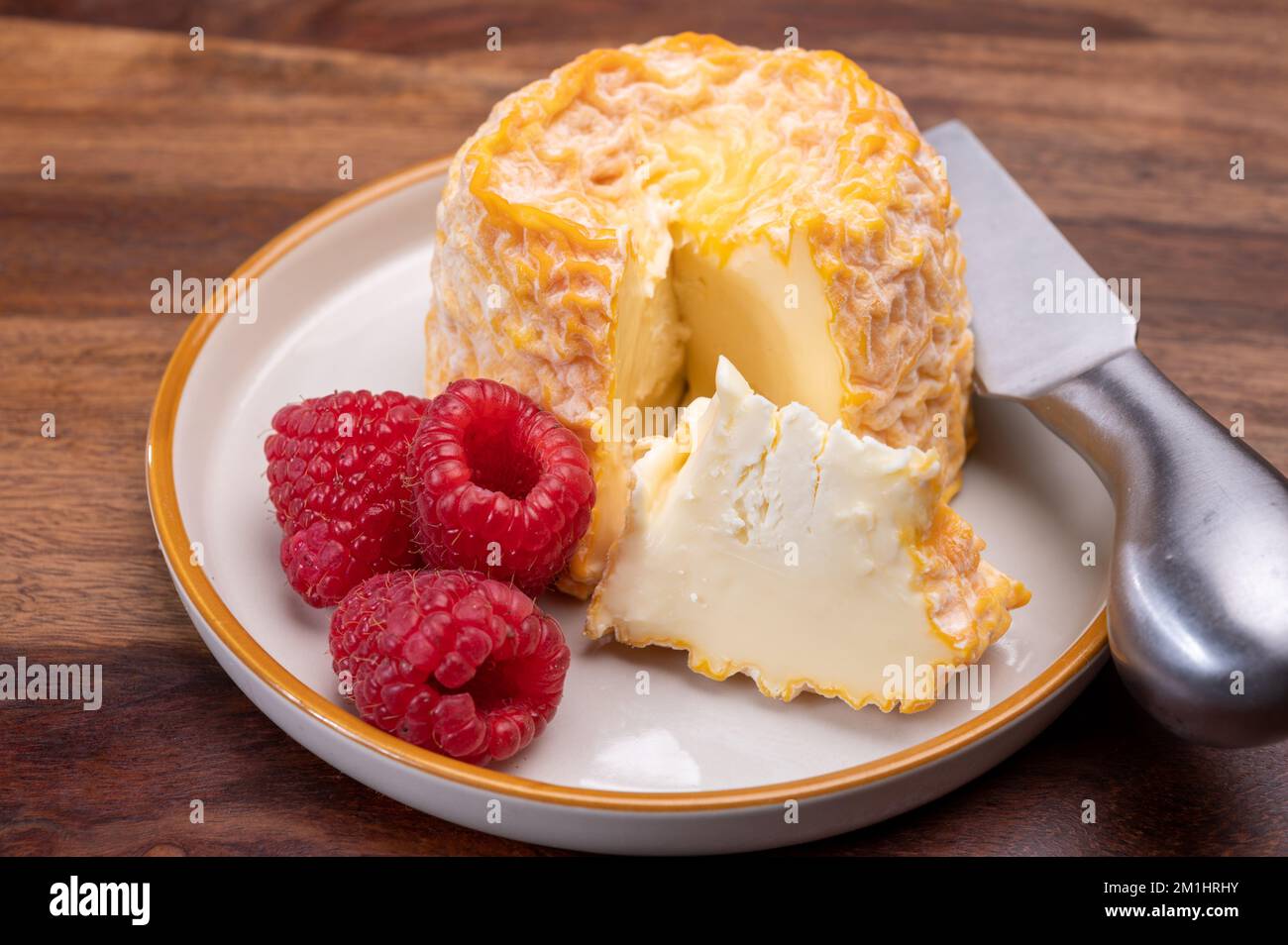 French Langres soft cows crumbly cheese with washed rind structure made ...