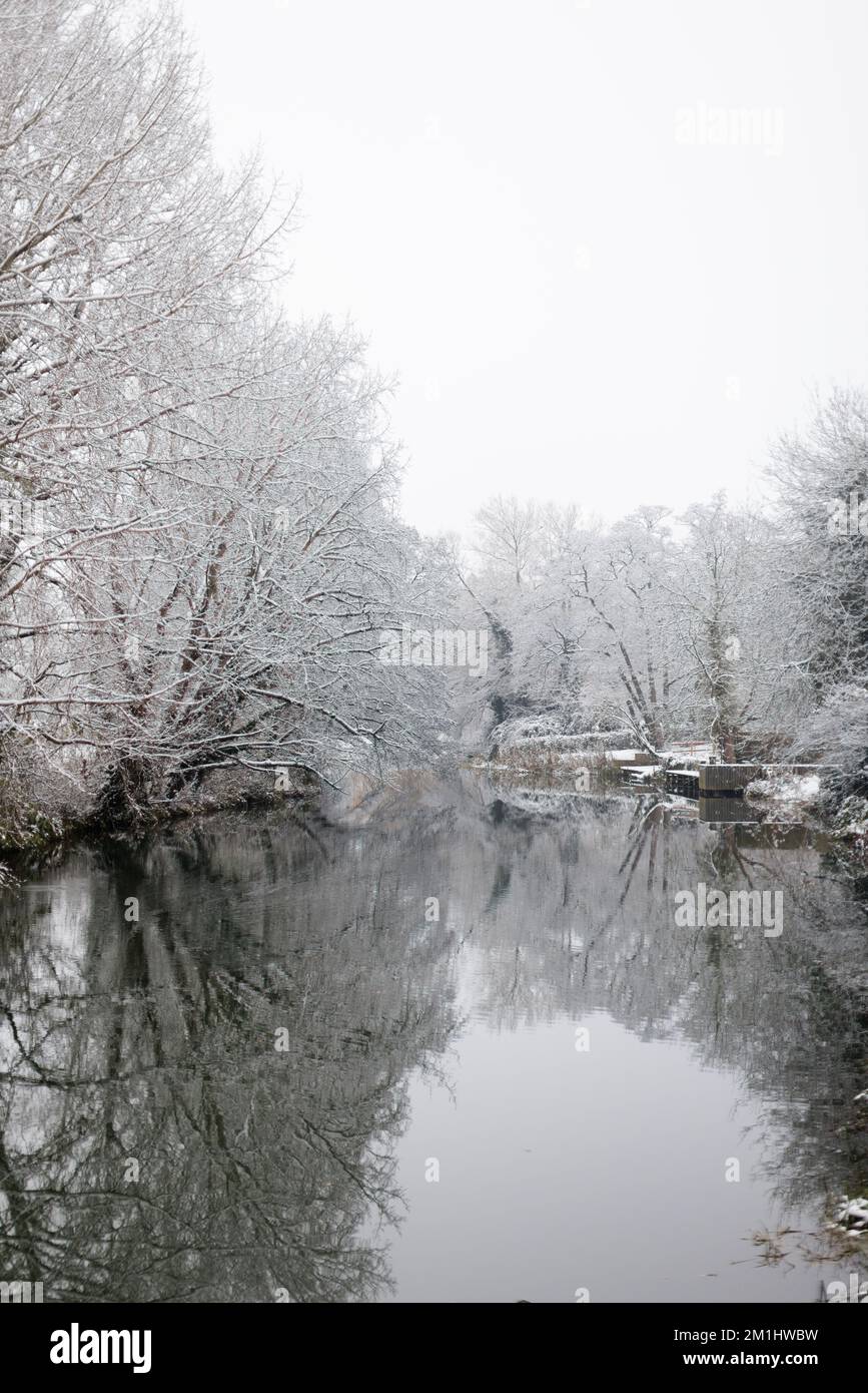 Snow covered trees of a winter wonderland on a frosty day by the River ...