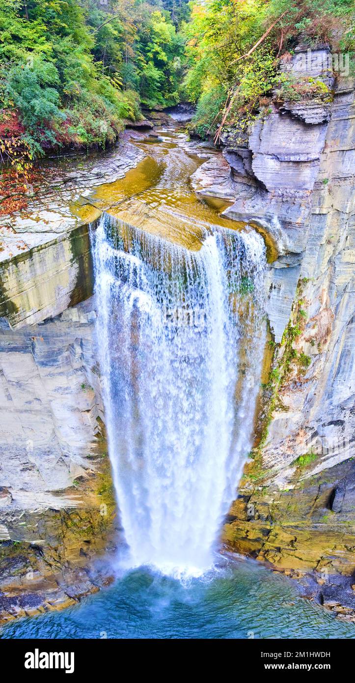 Giant waterfall from above with view down river and of forest Stock ...