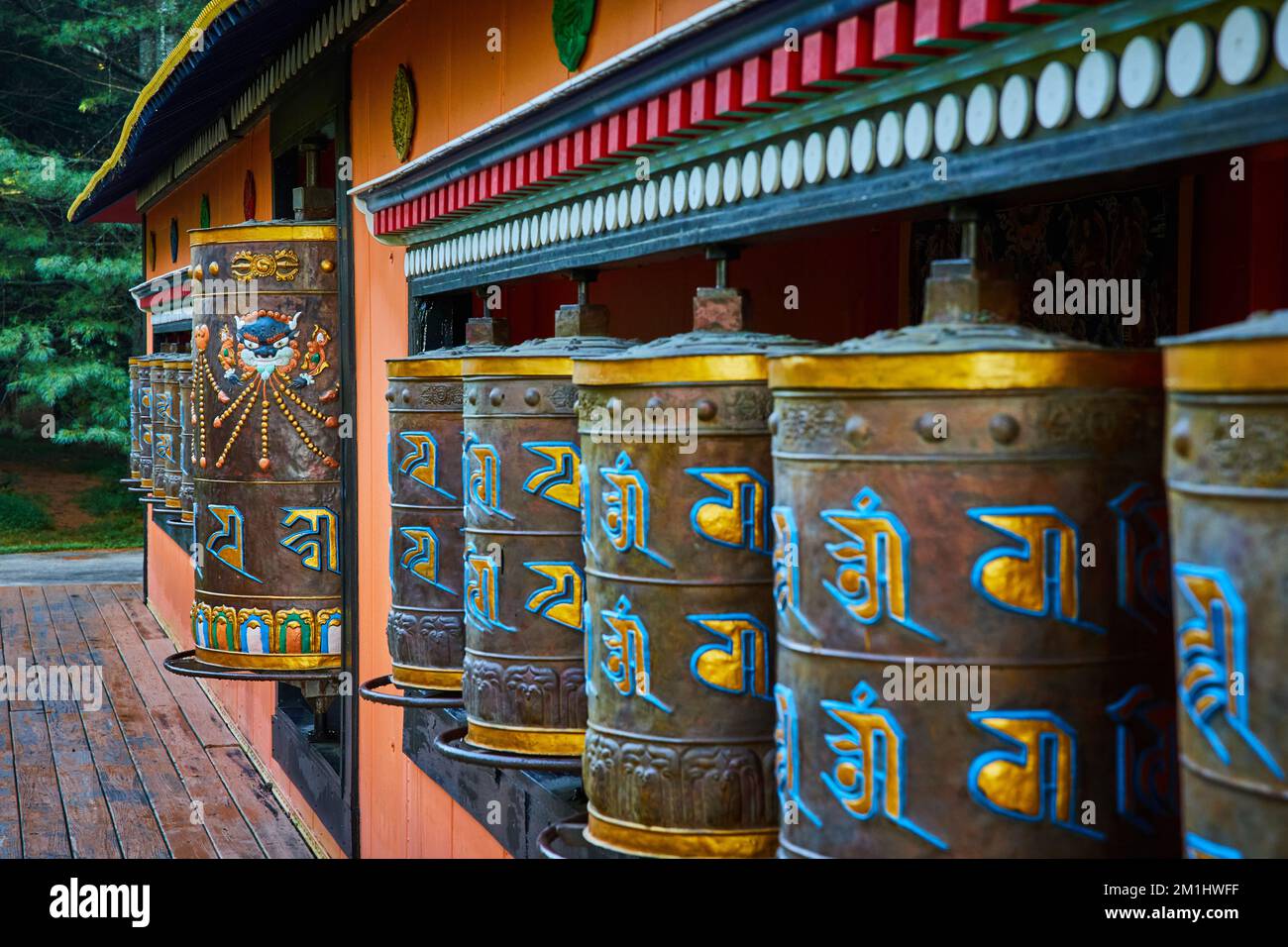 Large ornate prayer wheels at Tibetan Mongolian Buddhist shrine Stock ...