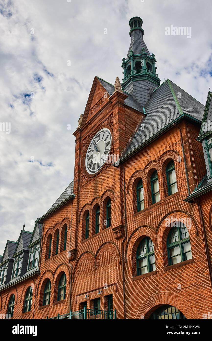 Liberty State Park ferry station building exterior brick with clock ...