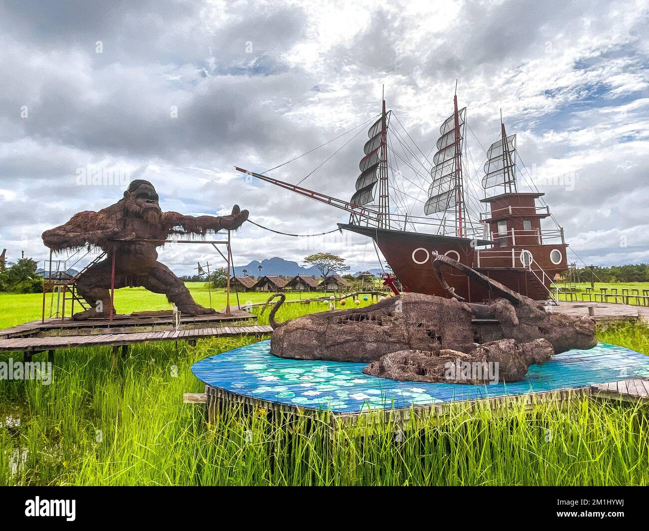Sampaothai viewpoint, attraction park with a boat in rice fields, in ...