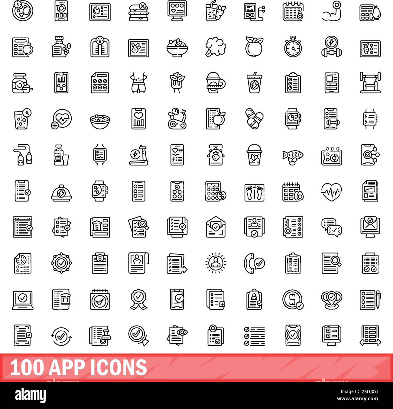 100 app icons set. Outline illustration of 100 app icons vector set ...