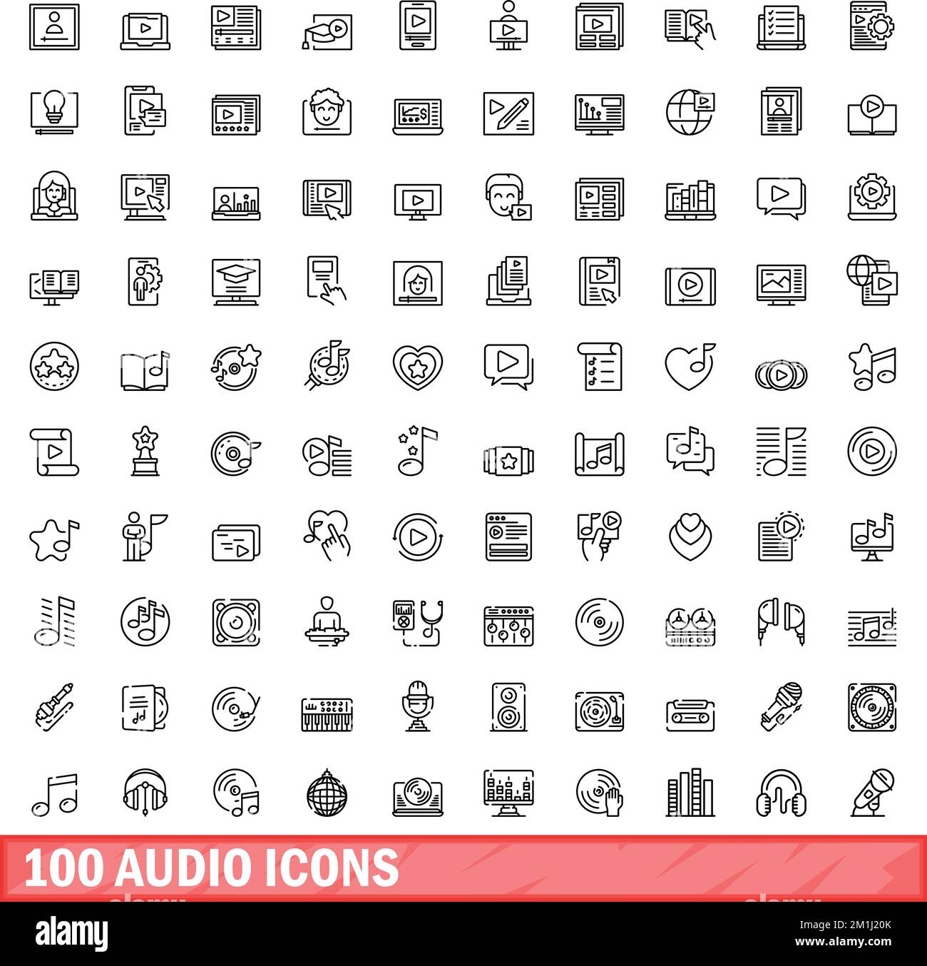 100 audio icons set. Outline illustration of 100 audio icons vector set ...