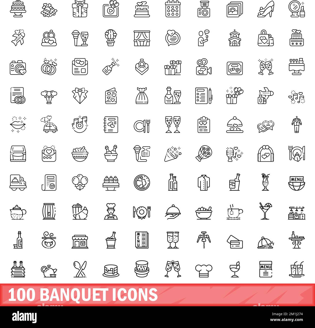 100 banquet icons set. Outline illustration of 100 banquet icons vector ...