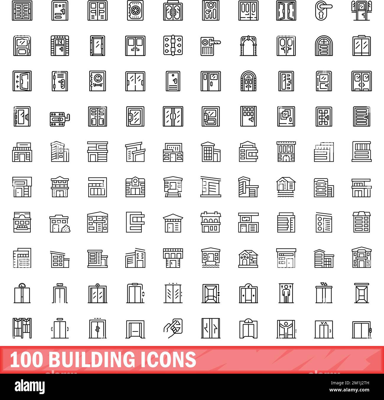 100 building icons set. Outline illustration of 100 building icons ...