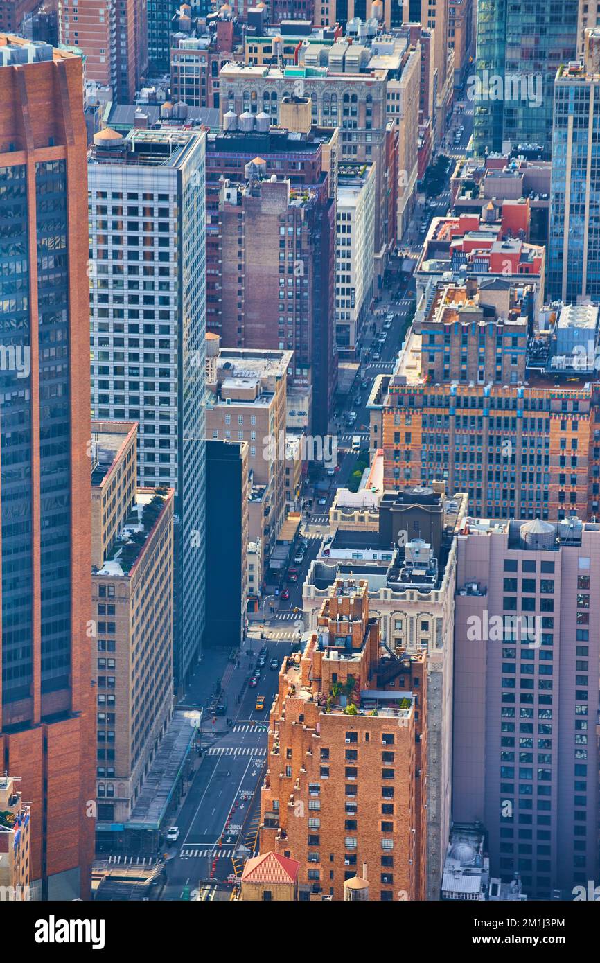 Above New York City looking down street lined with skyscrapers Stock ...