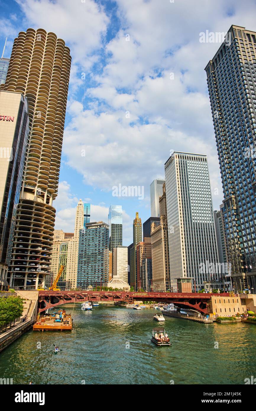 Beautiful skyscrapers line Chicago river ship canal with bridge Stock ...
