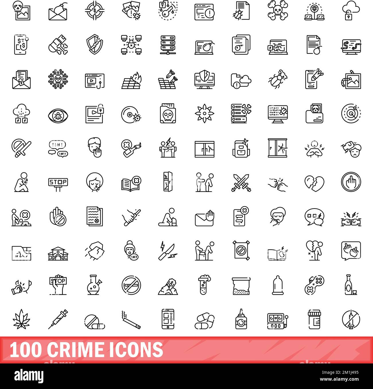 100 crime icons set. Outline illustration of 100 crime icons vector set ...