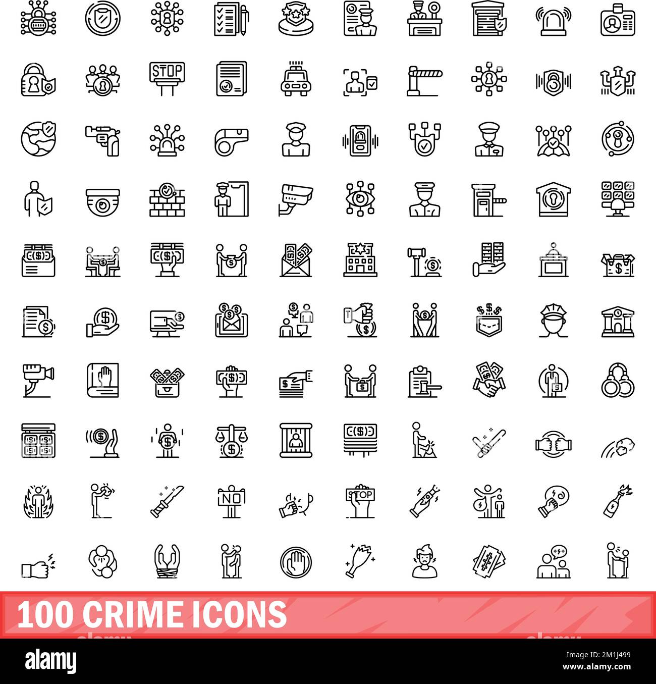 100 crime icons set. Outline illustration of 100 crime icons vector set ...