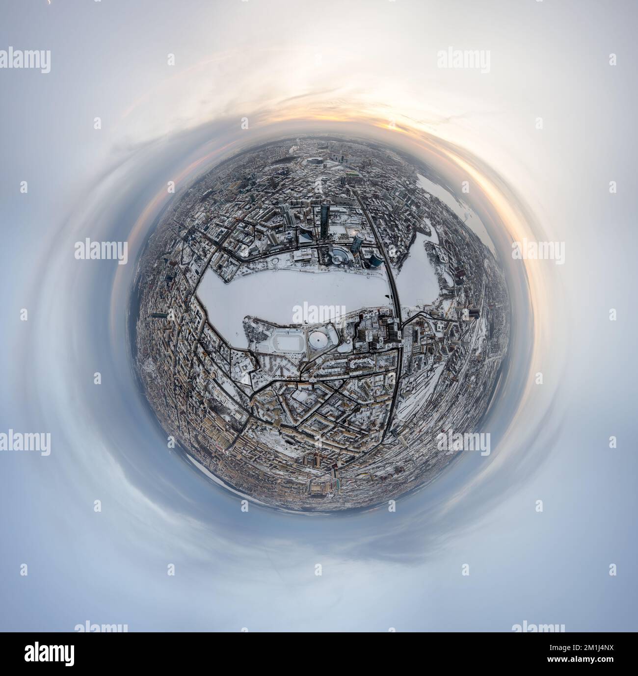 Aerial winter city view, Little planet sphere mode. Yekaterinburg city ...