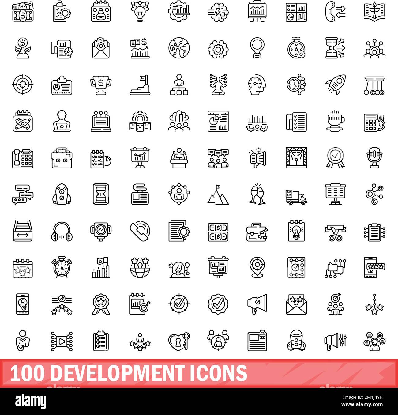 100 development icons set. Outline illustration of 100 development ...