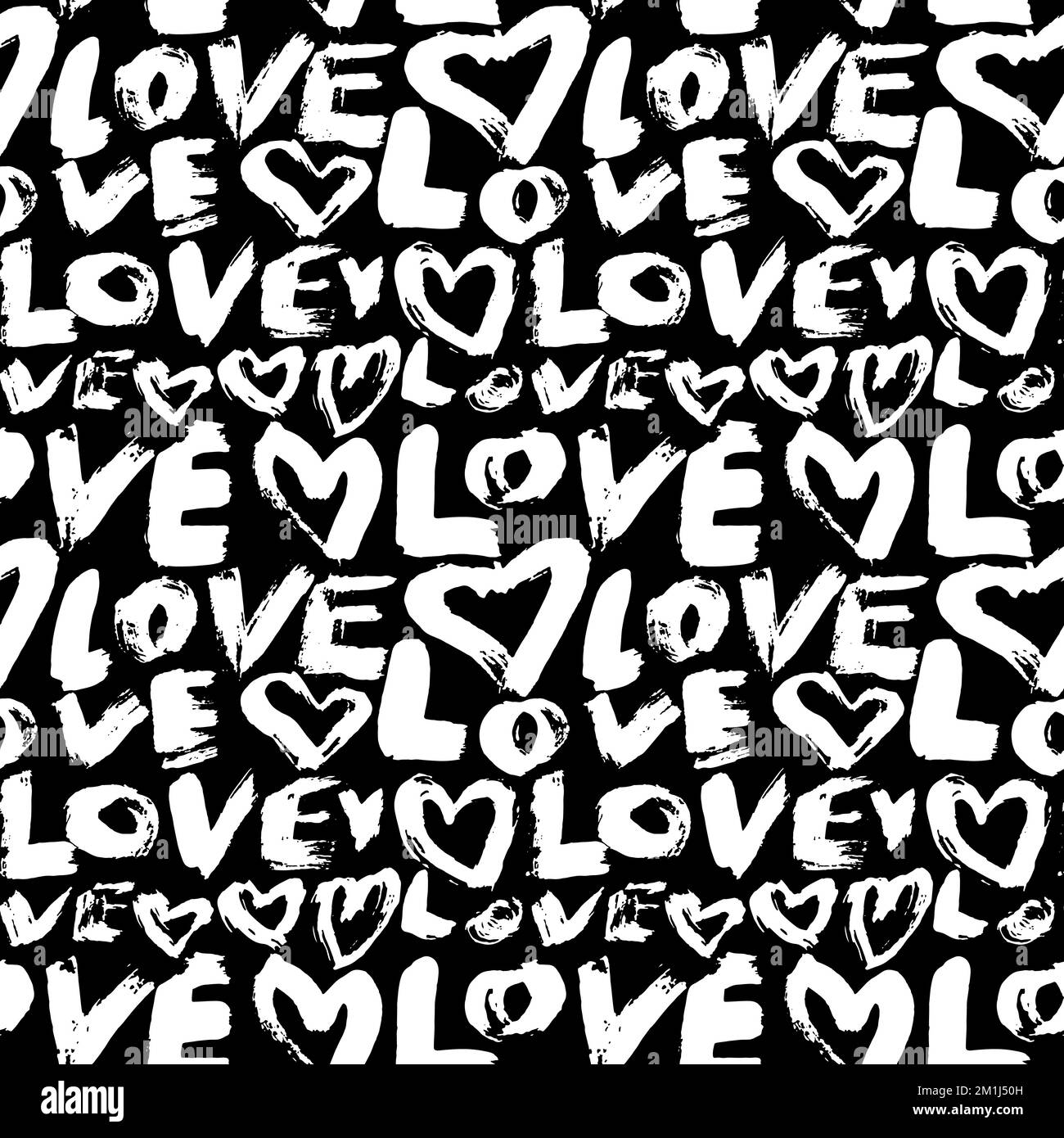 Dry Brush Grunge Love Lettering and Hearts Seamless Romantic Pattern ...