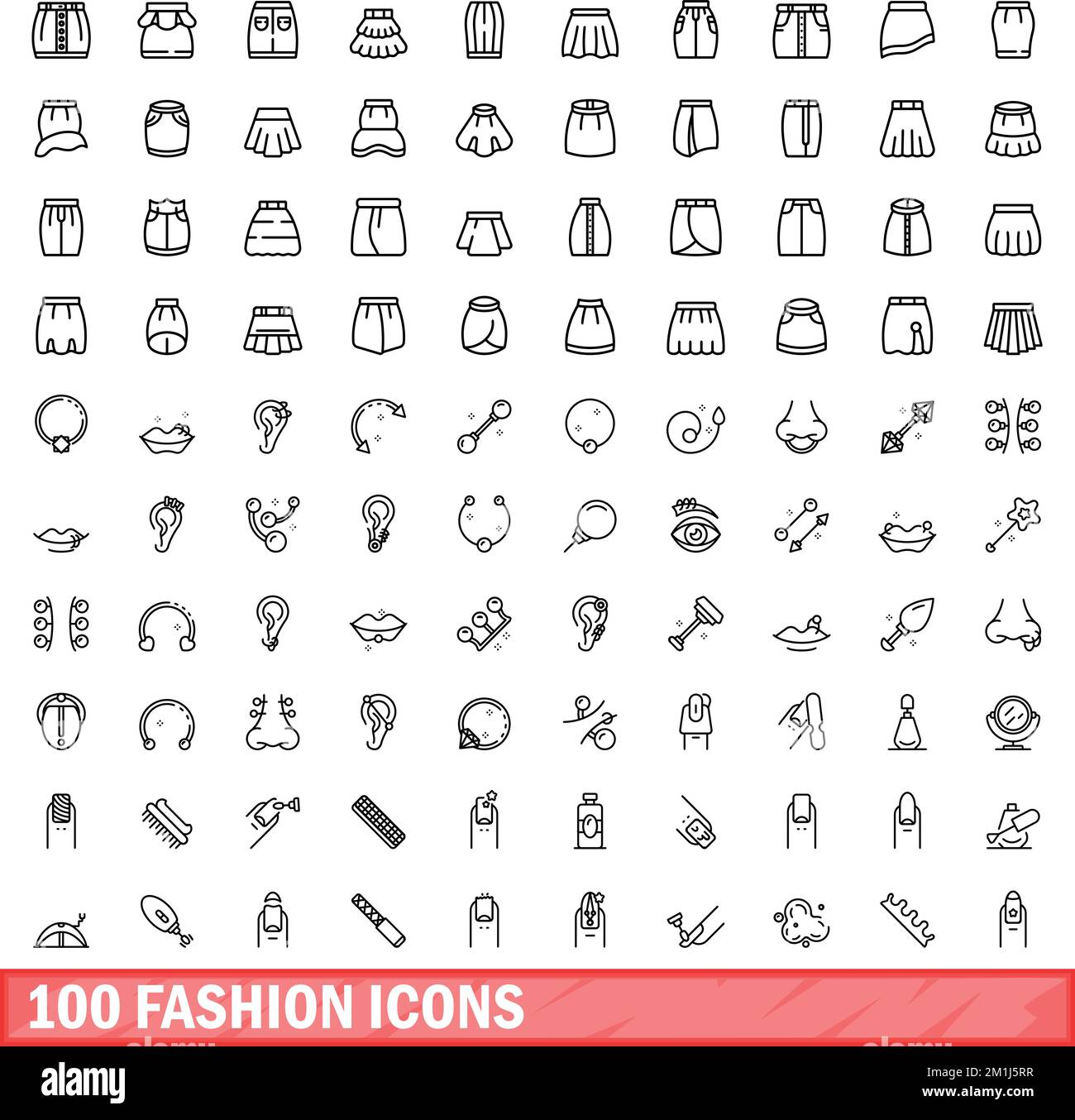 100 fashion icons set. Outline illustration of 100 fashion icons vector ...