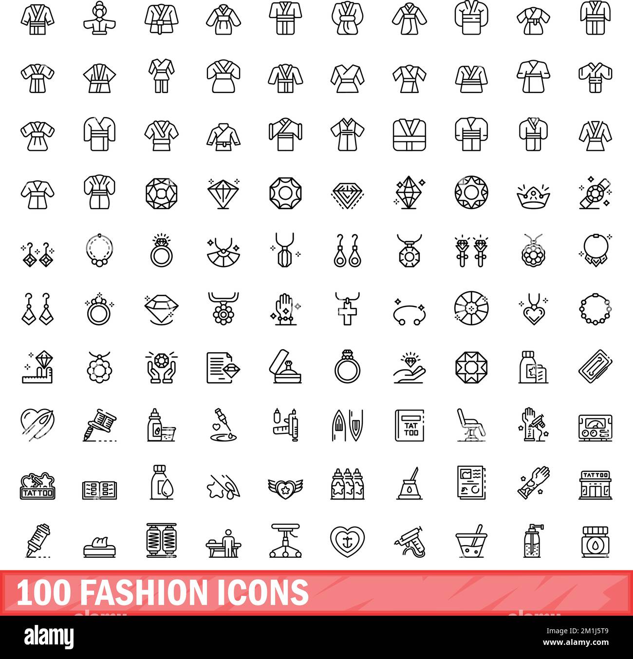 100 fashion icons set. Outline illustration of 100 fashion icons vector ...