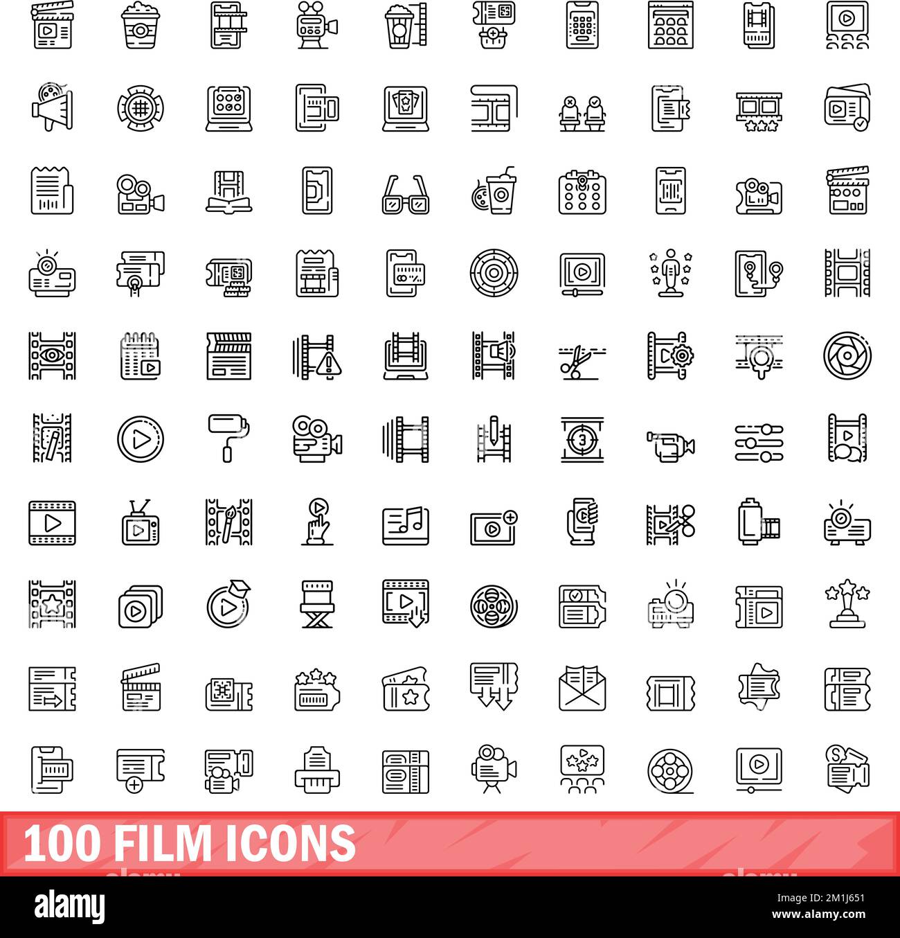 100 film icons set. Outline illustration of 100 film icons vector set ...