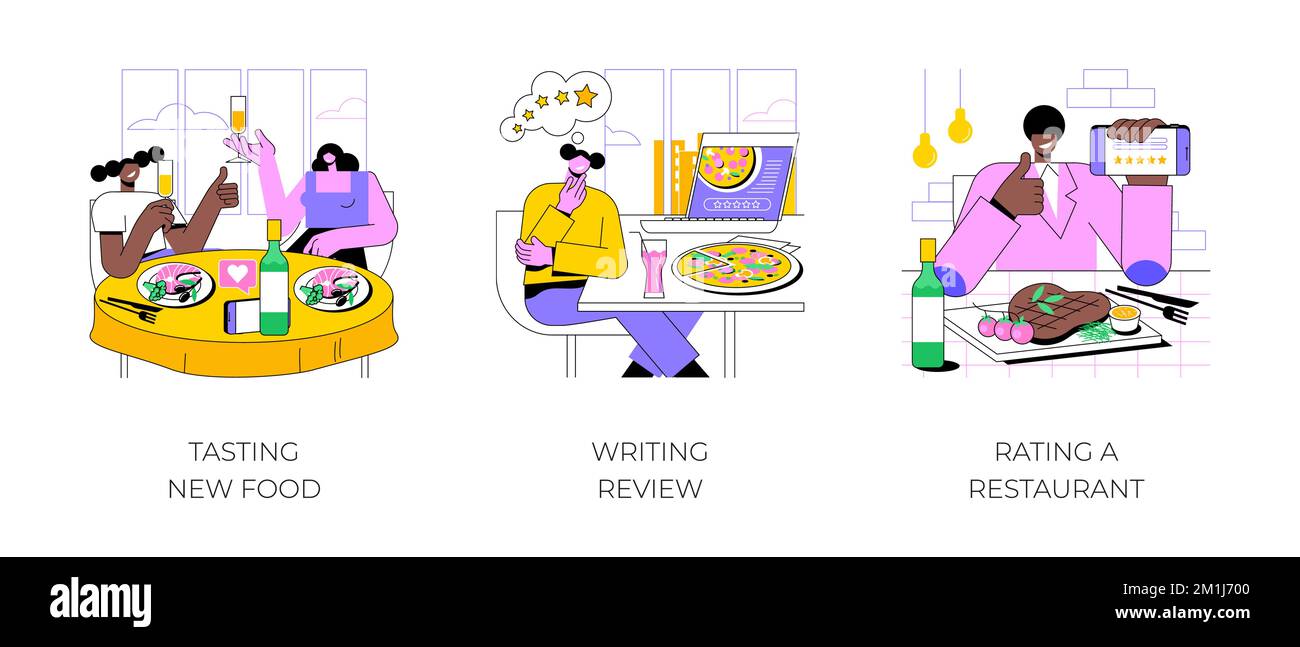 Food critic isolated cartoon vector illustrations set. Tasting new dish ...