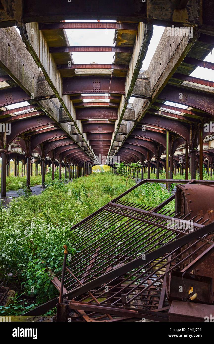Collapsed gate and overgrowth in abandoned outside train station with ...