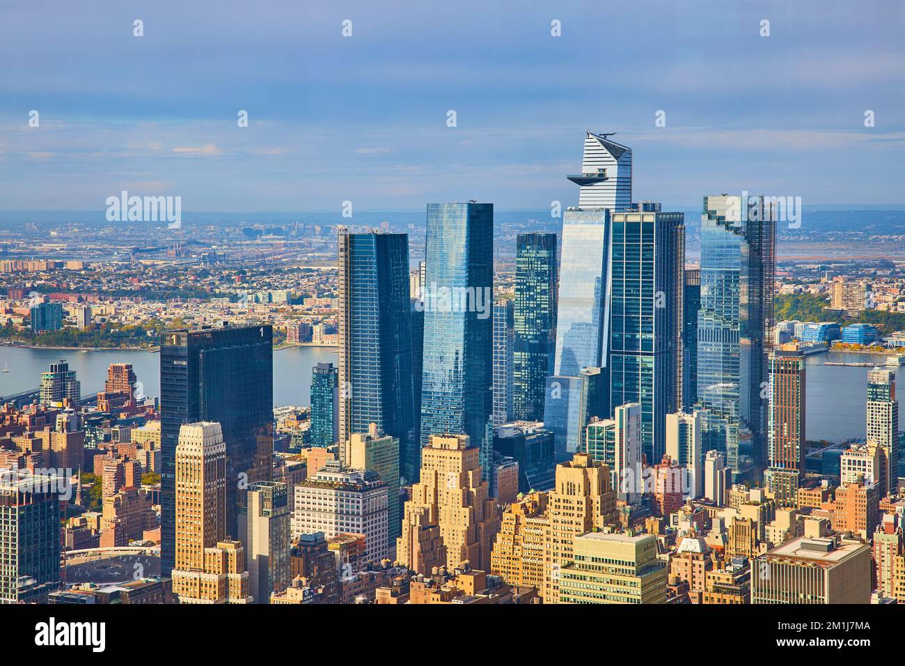 Cluster of huge blue glass skyscraper buildings in New York City from ...