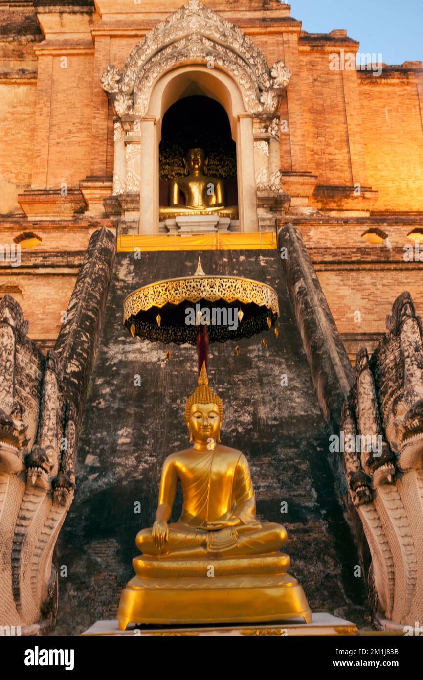 Buddha inside Pagoda of Wat Chedi Luang (temple of the big stupa) is a ...