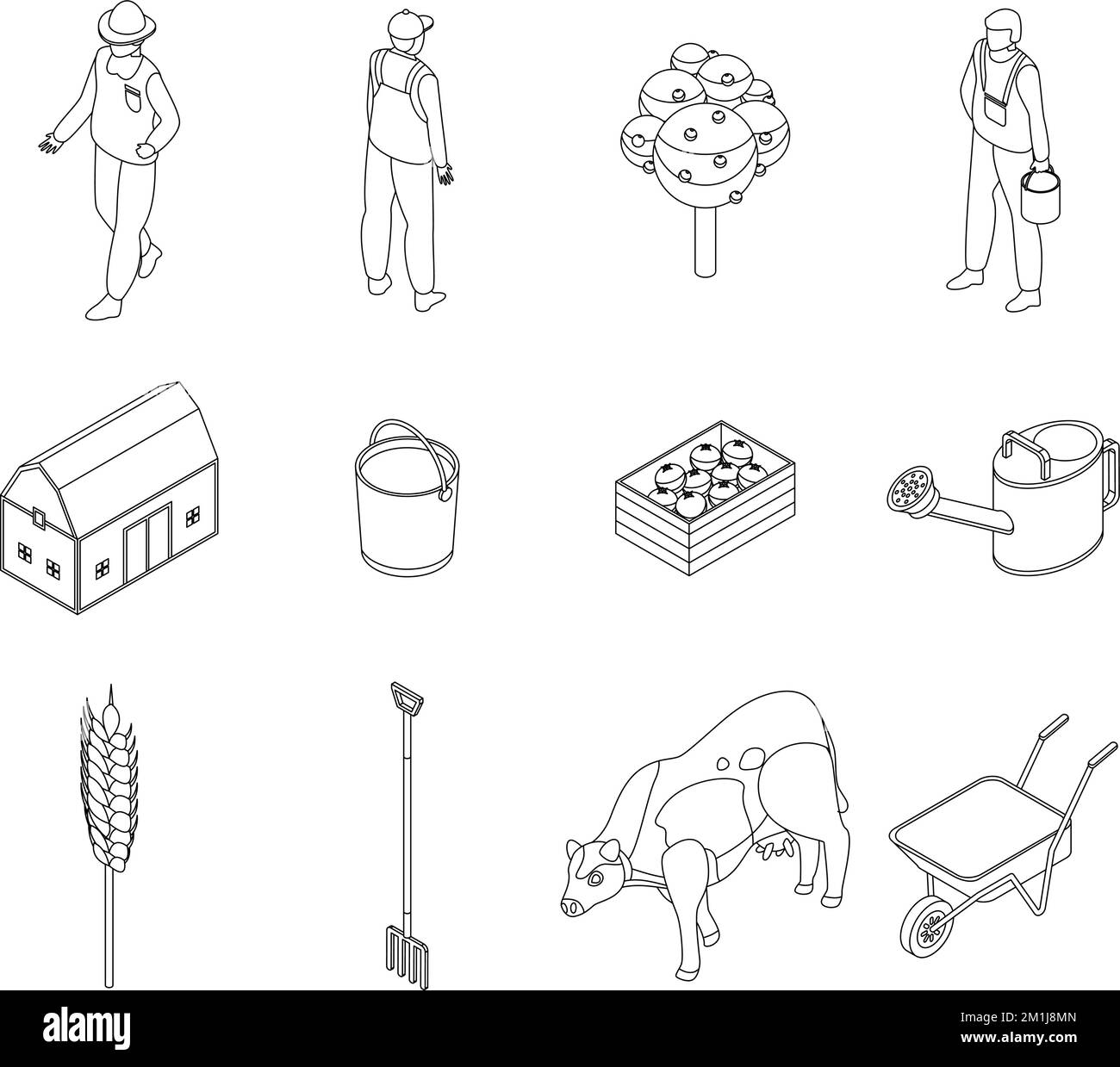 Farmer icons set. Isometric set of farmer vector icons outline on white ...