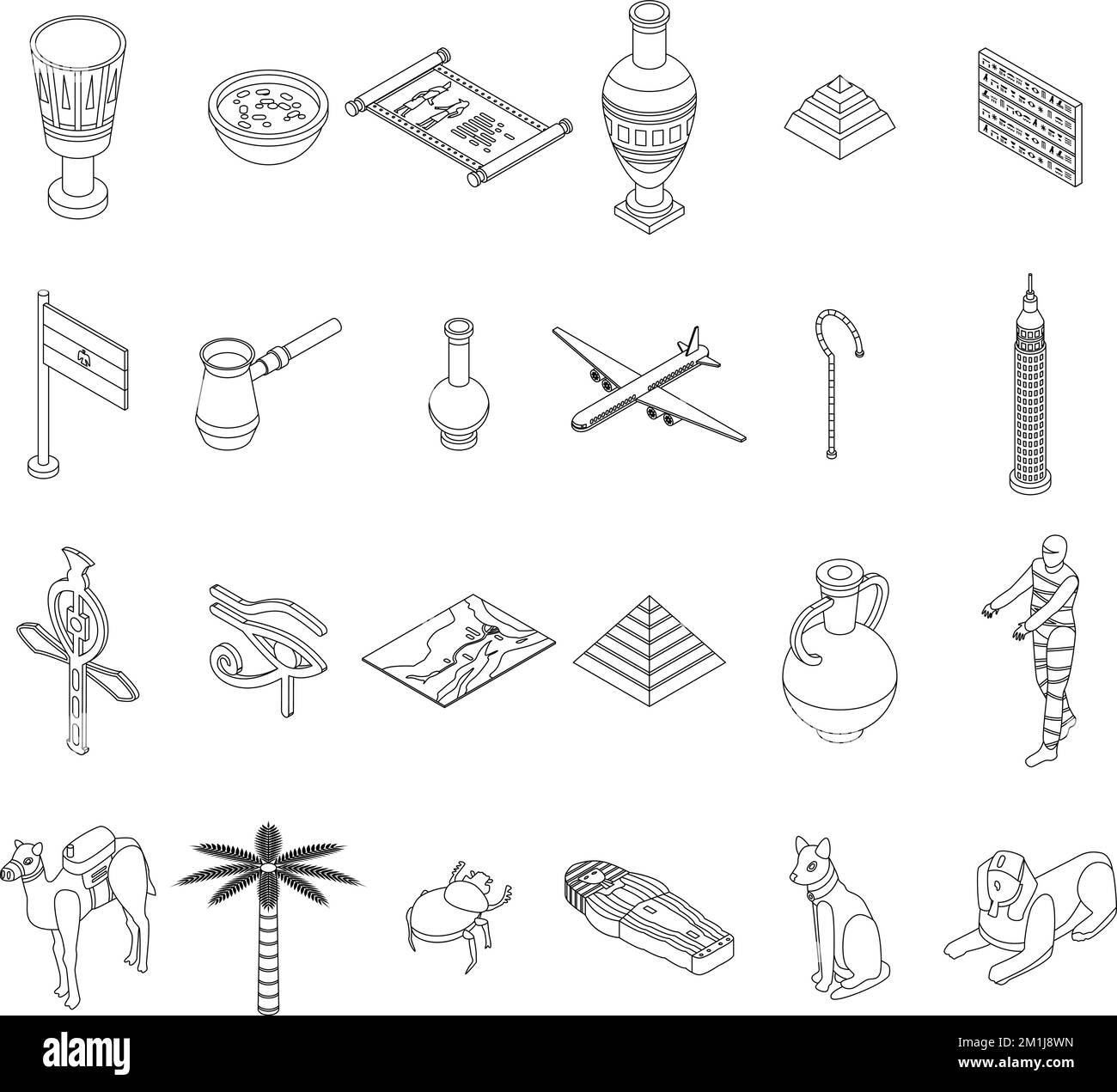 Egypt icons set. Isometric set of Egypt vector icons outline on white ...