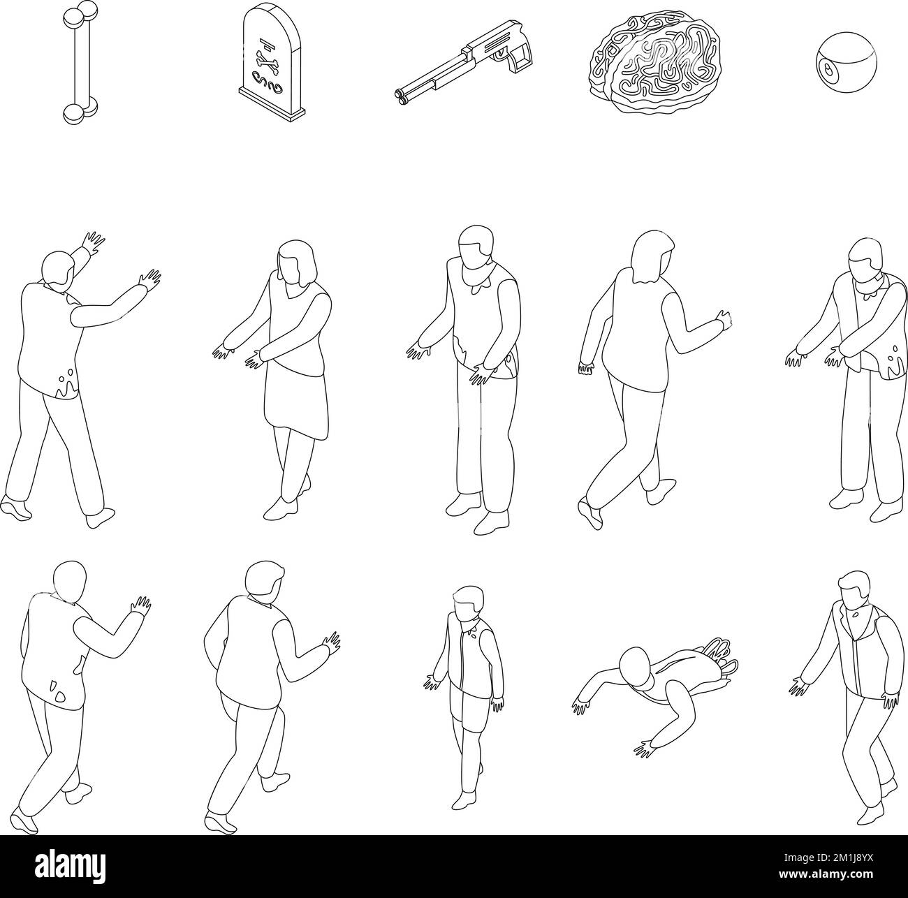 Zombie icons set. Isometric set of zombie vector icons outline on white ...