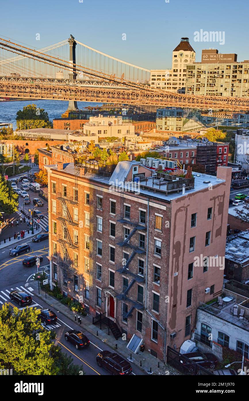 New York City Brooklyn building rooftop with patio and bridge near ...