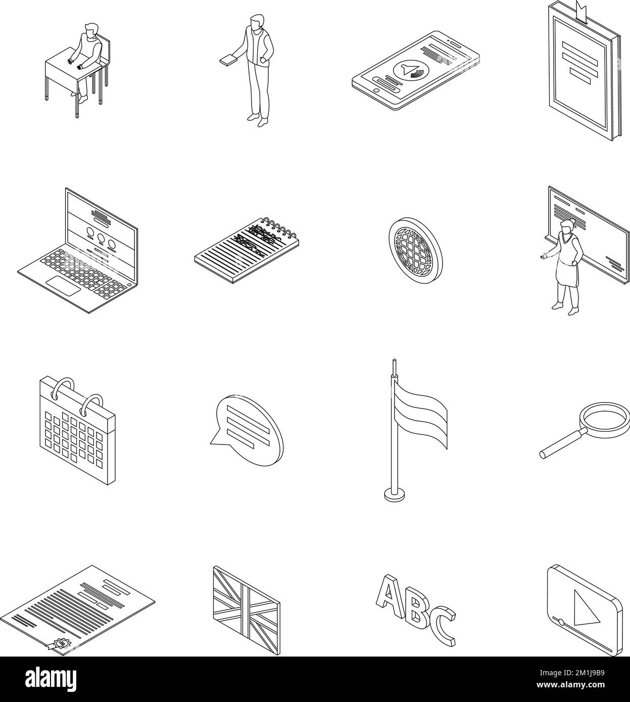 Foreign language teacher icons set. Isometric set of foreign language ...