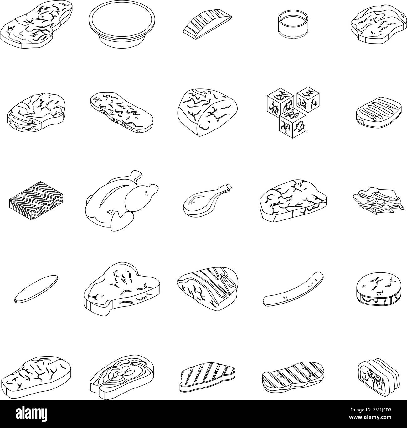Meat icons set. Isometric set of meat vector icons outline on white ...