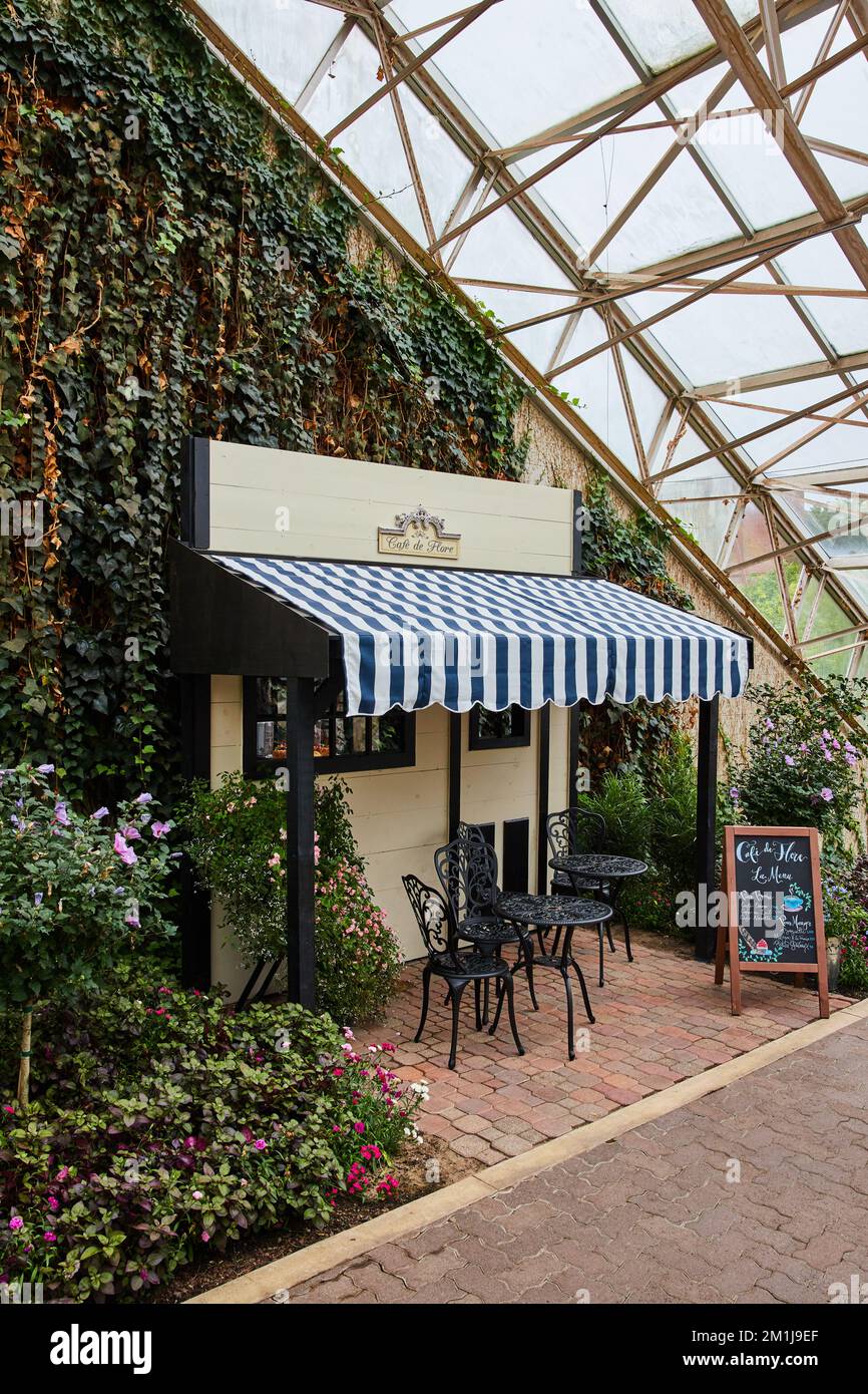 Tiny French shop cafe created inside of botanical gardens with glass ...