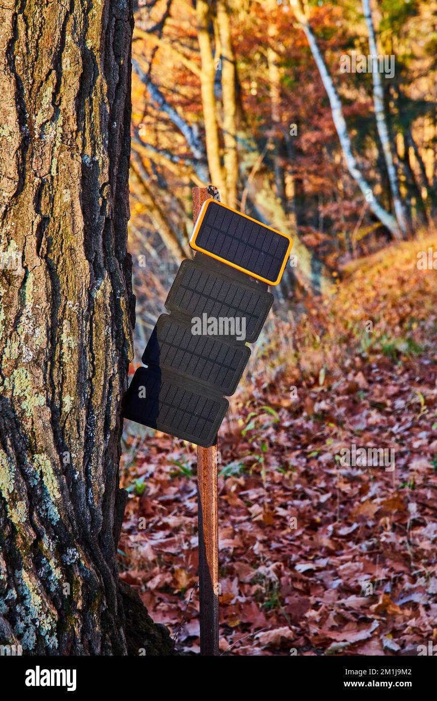 Close up of portable charging solar panels for phone getting sunlight ...
