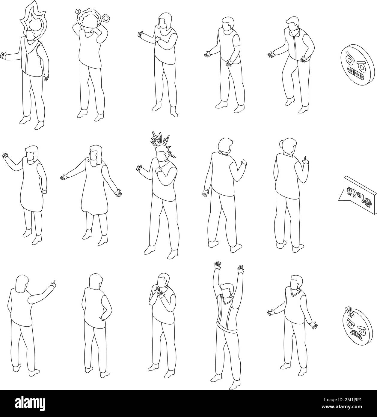 Rage icons set. Isometric set of rage vector icons outline on white ...